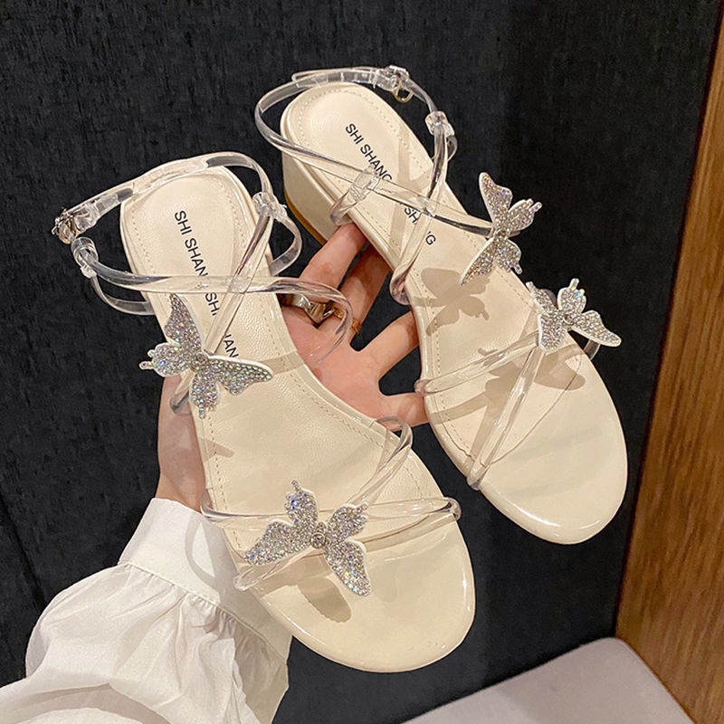 Han edition 2022 diamond ms word bowknot rhinestone buckle w2022年韩版水钻中跟一字扣蝴蝶结水钻圆头女士粗跟凉鞋女6.1 ...