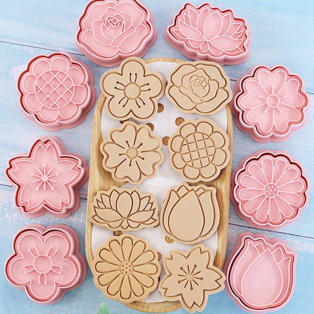 8Pcs/Set Cookie Cutters Plastic 3D Flower Shape Cartoon Pressable ...