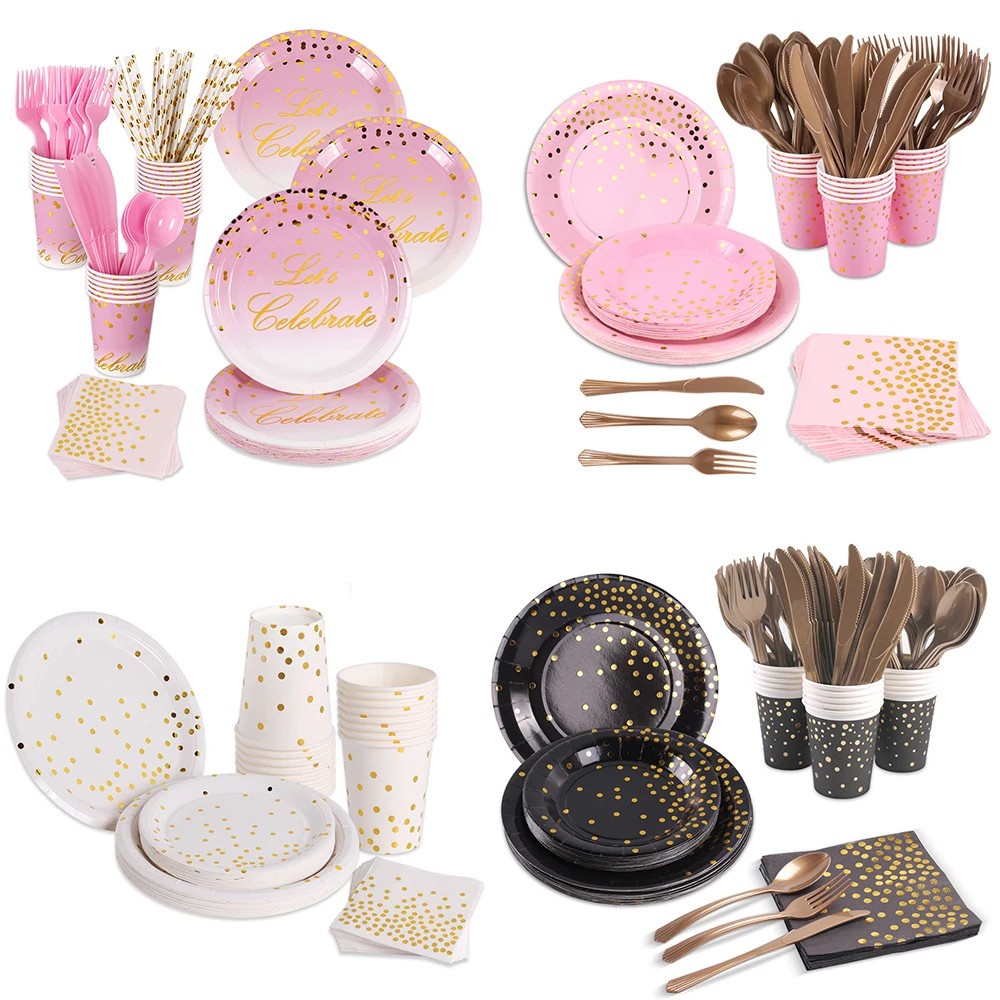 Bronzing Disposable Tableware Set Plate/Napkin Adult Happy Birthday ...