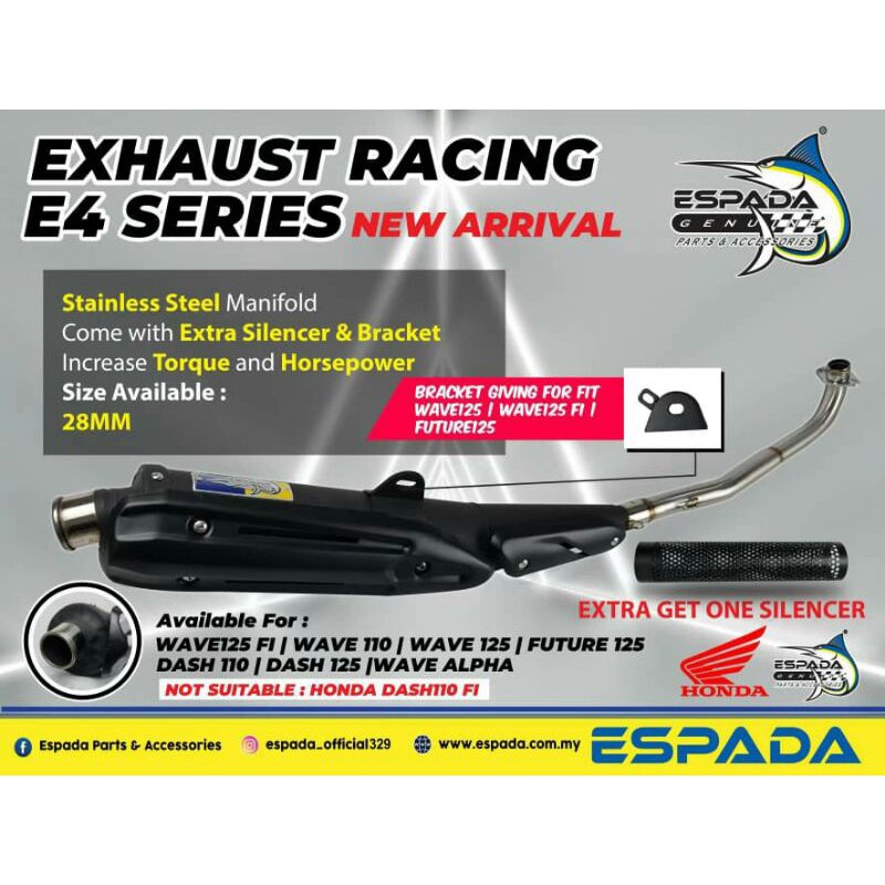 Espada Exhaust Pipe E4 - Wave 125 / Wave 110 / Future 125 / Dash 125 / 110 / Wave Alpha (28 mm ...