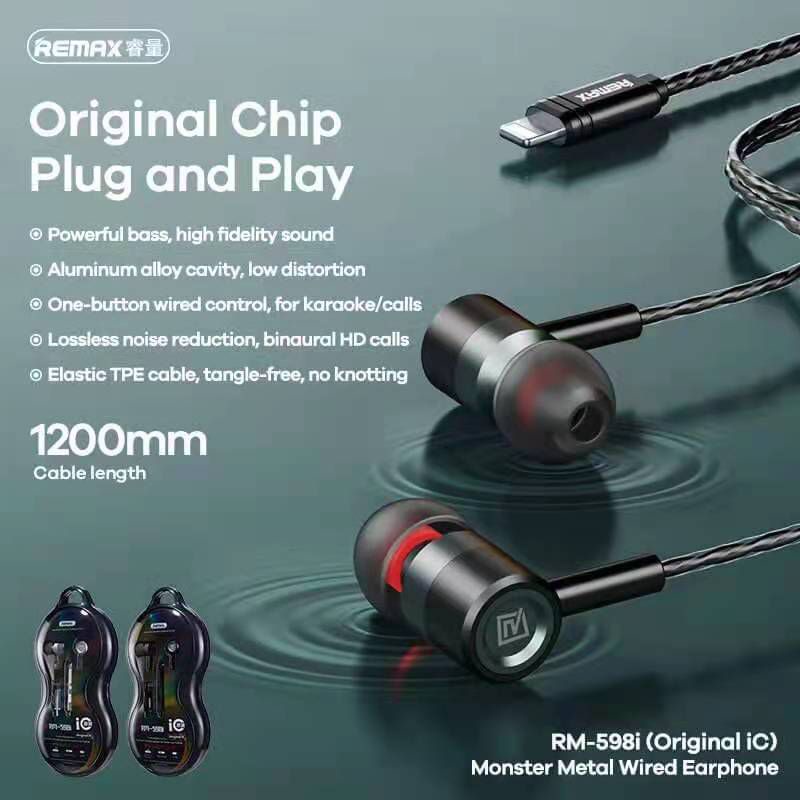 REMAX MOSTER METAL WIRED EARPHONE FOR LIGHTNING ORIGINAL IC MODEL：-🌹RM ...