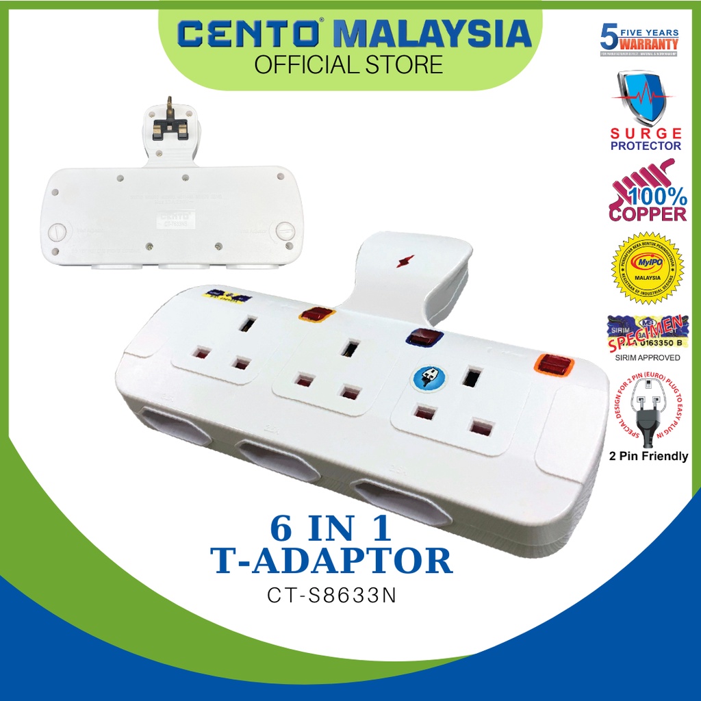 CENTO 6 Way T-Adaptor Extension Trailing Socket CT-S8633N | Shopee Malaysia
