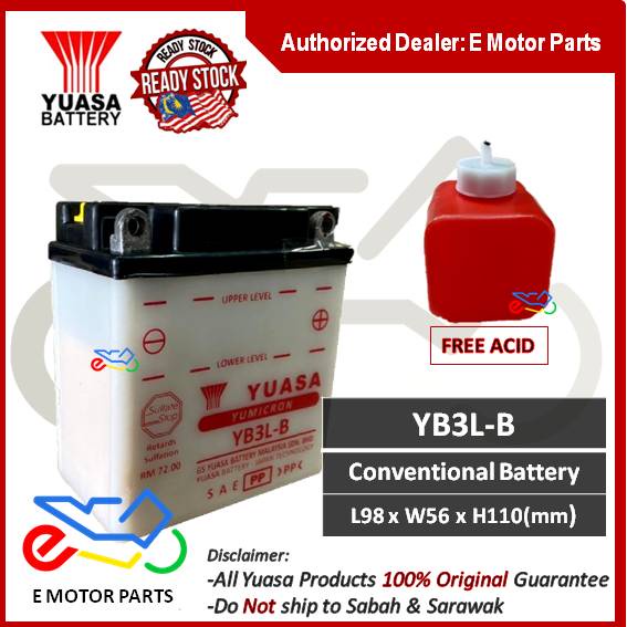 YUASA YB3L-B Motorcycle Battery Bateri Motor YAMAHA Y110/Y125Z/RXZ/TZM/KRISS/DINAMIK125/GSX110 ...