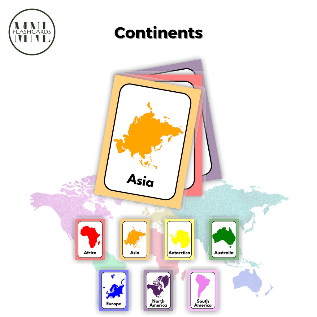 CONTINENTS FULLY LAMINATED EDUCATIONAL FLASHCARDS WITH OR WITHOUT RING ...