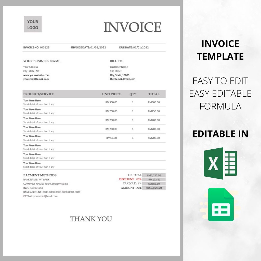 EASY EDITABLE INVOICE TEMPLATE EXCEL / GOOGLE SHEETS | COMPANY BUSINESS ...