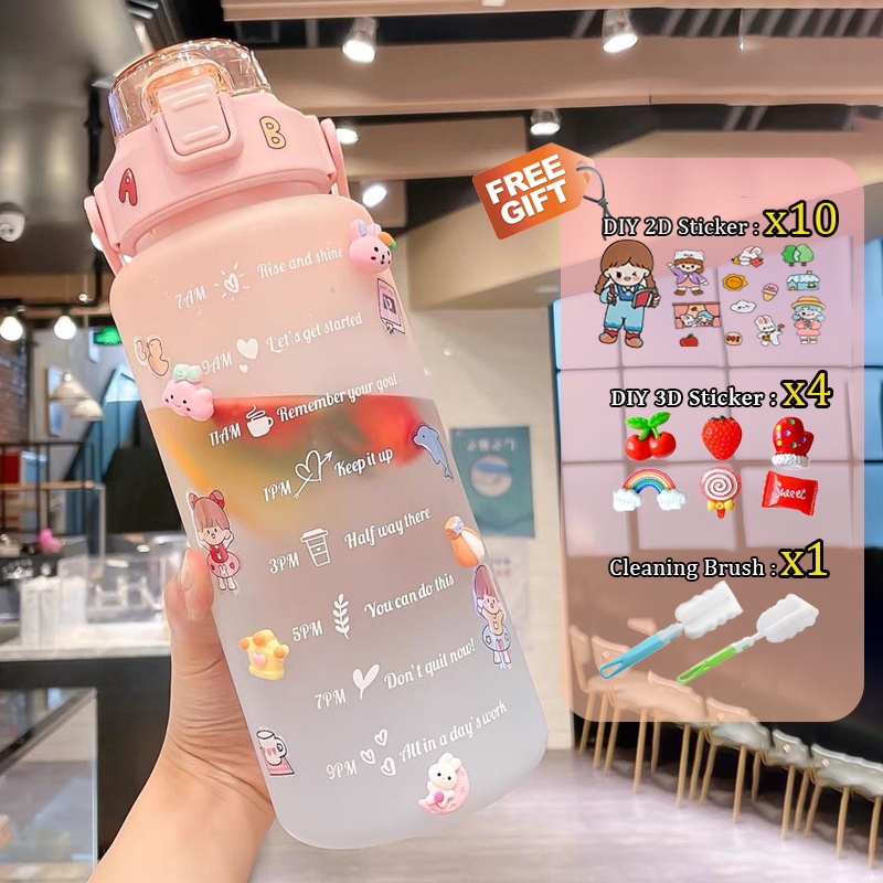 2000ML Botol Air Viral FREE 2D3D Stickers FREE Brush Cute Water Bottle ...