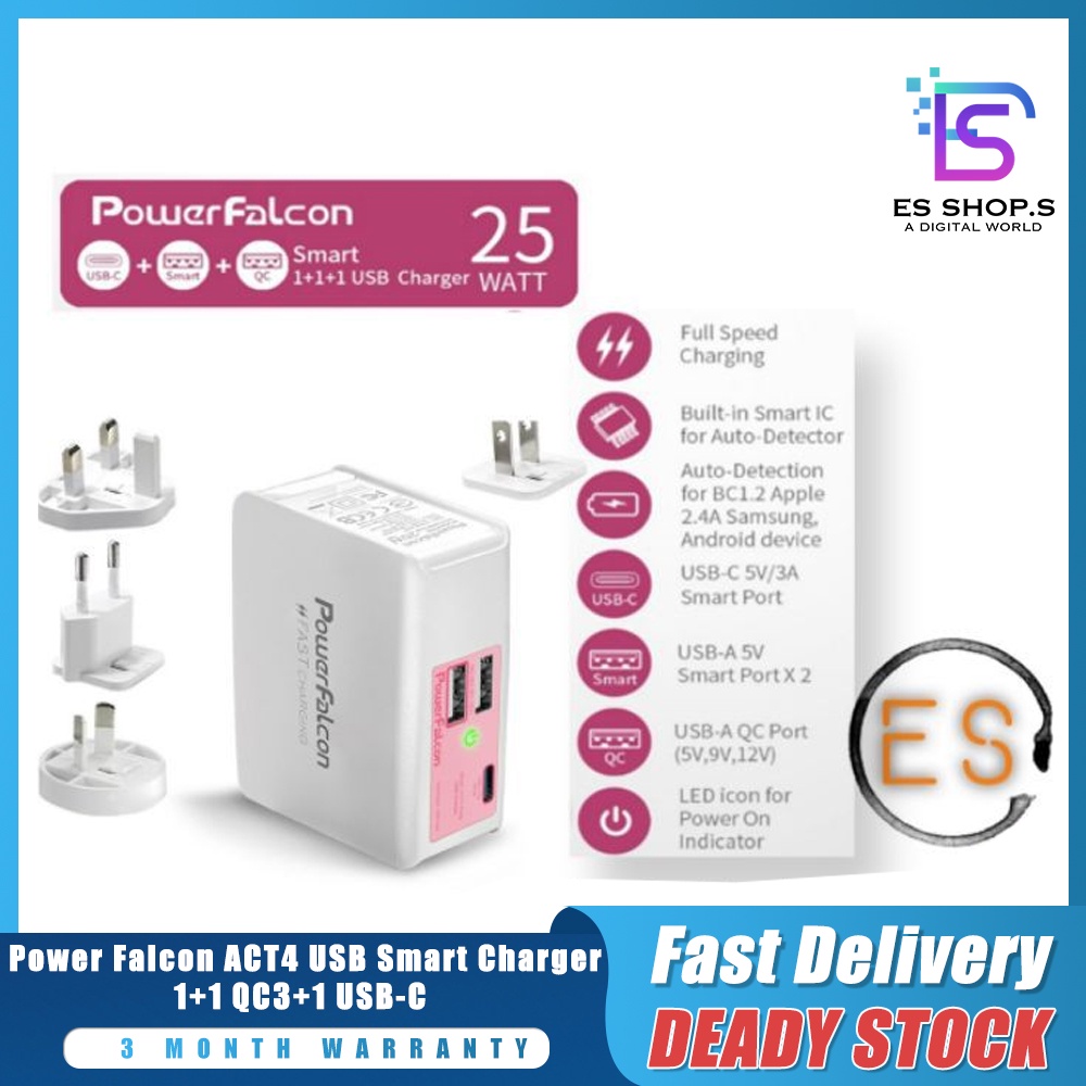 🔥 PROMOTION 🔥 Power Falcon ACT4 USB Smart Charger 1+1 QC3+1 USB-C ...