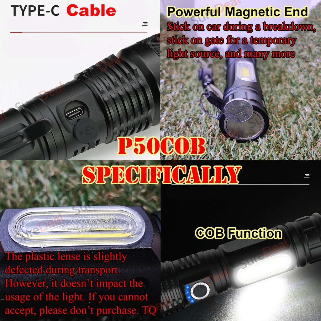 SUREDEAL P50 Rechargeable Flashlight XHP50 Cree LED Super Bright Zoom ...