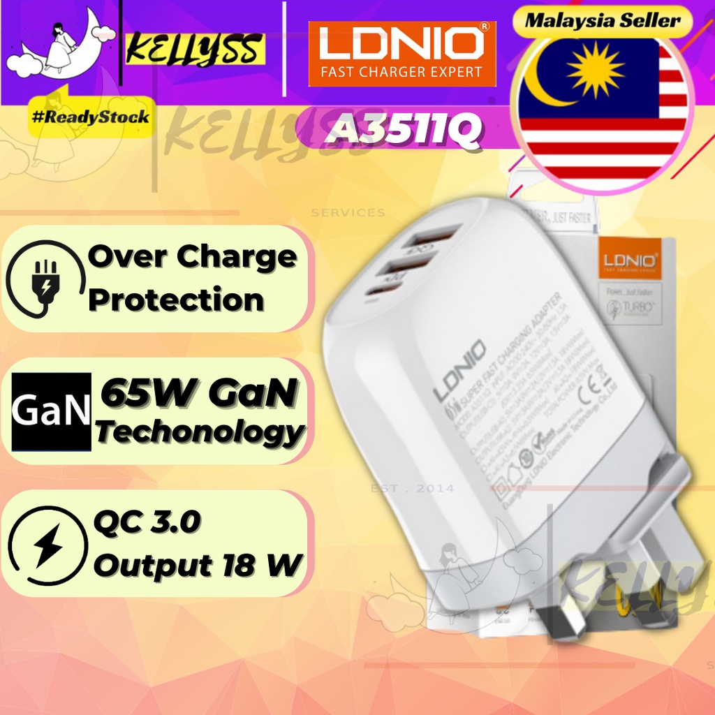 LDNIO A3511Q 65W GaN Super Fast Charging QC3.0 + PD 65W UK Charger With ...