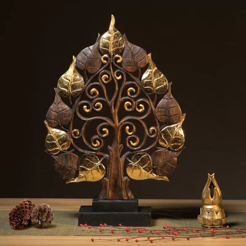 Wood Carving Bodhi Leaf Writing Gold Tree Decoration Guest Room Resort ...