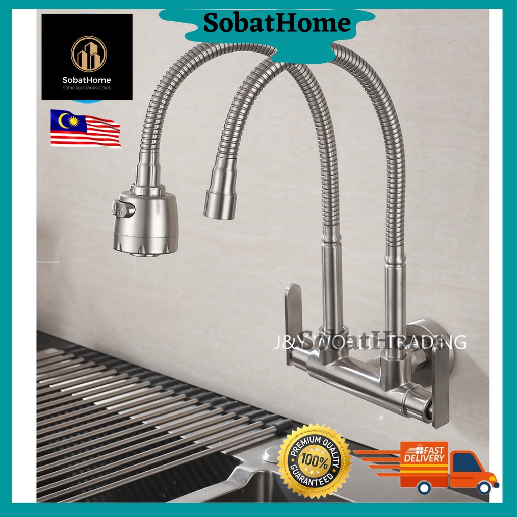 Kitchen 304 Stainless Steel Double Faucet and Flexible Wall Sink Tap ...