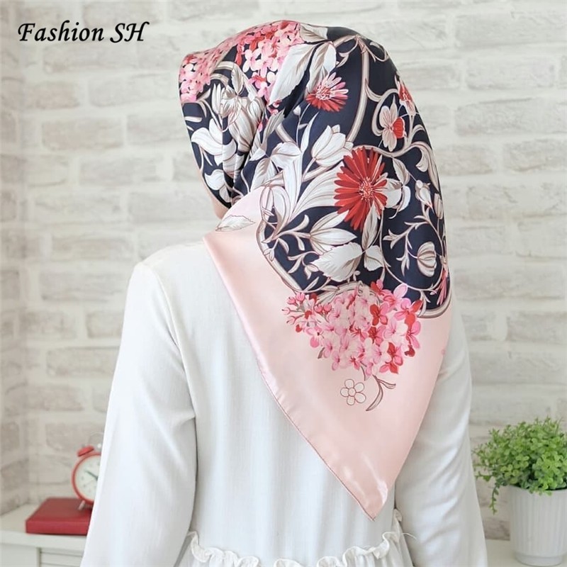 Printed Scarf Bawal Tudung Silk Shawl Classic vintage floral style Satin hijab 90x90cm M90144 ...