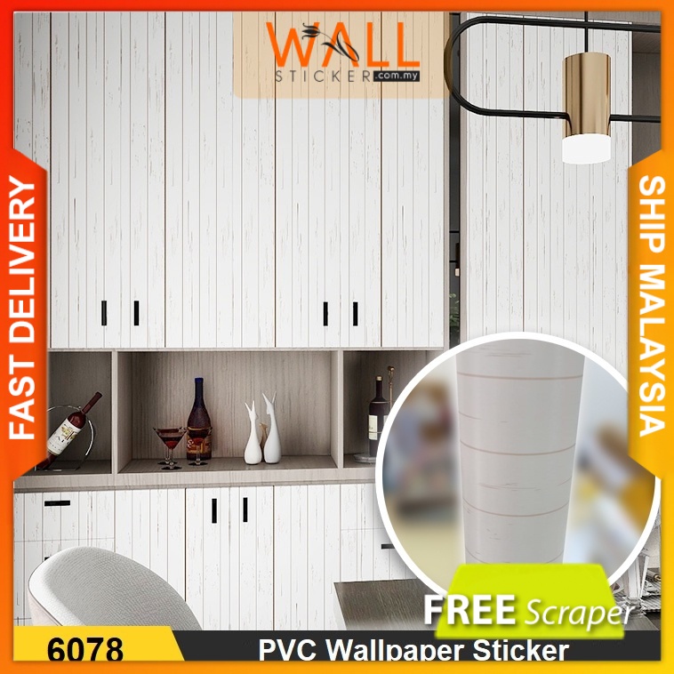 (Plain) White Stripe Pattern Extra Thick Kitchen Cabinet Wallpaper ...