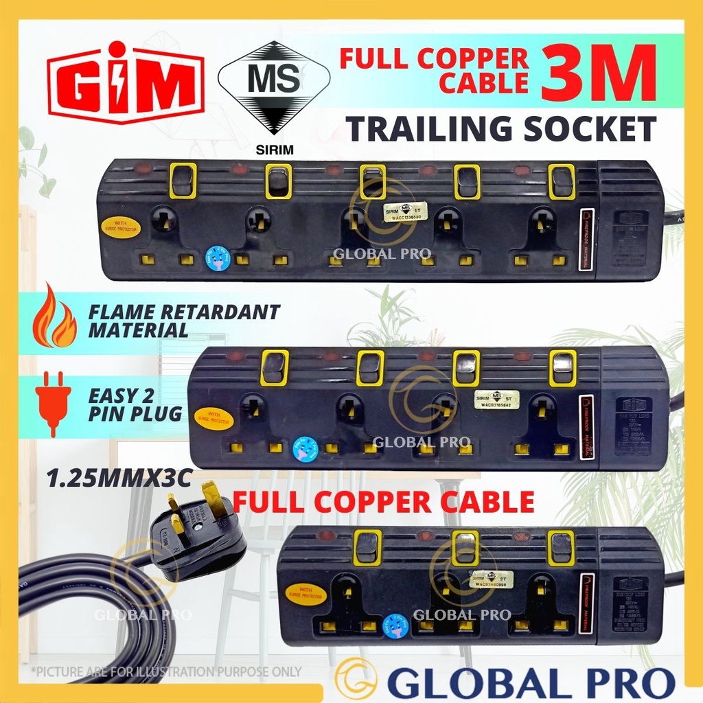 [sirim] Gim 3 4 5 Way 3mtr Surge Protector Sleek Black Portable Extension Trailing Socket