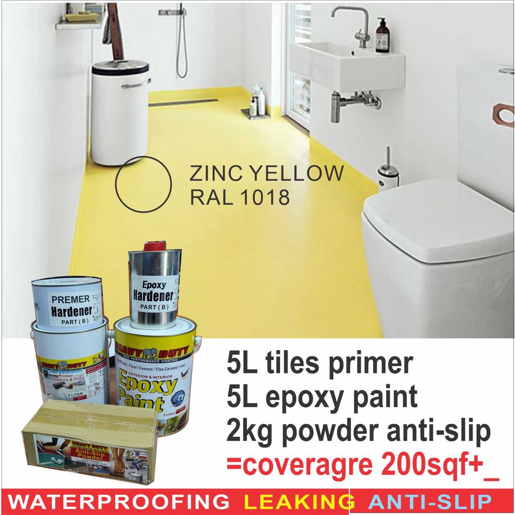 RAL1018 / BIG FULL SET Epoxy Floor Coating ( 5L PRIMER WATERPROOF + 5L EPOXY PAINT HEAVY DUTY ...