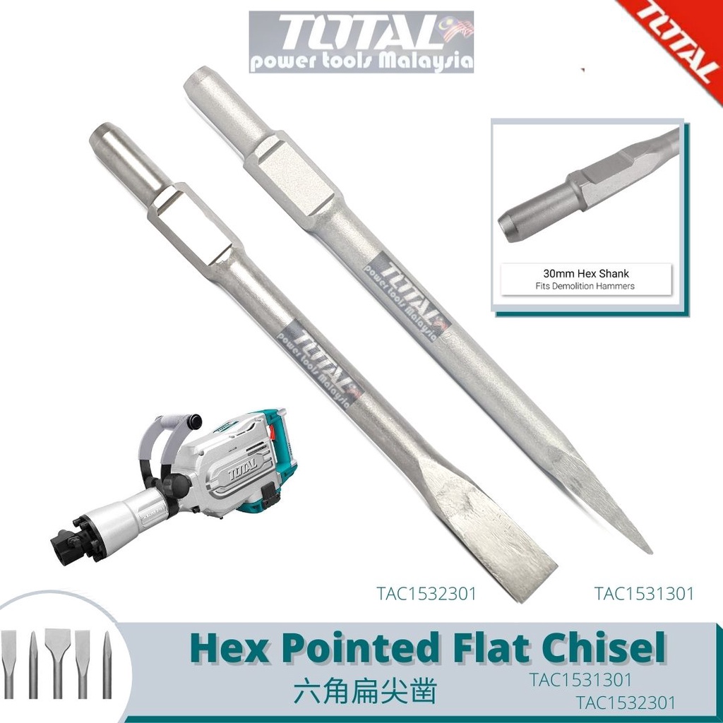 TOTAL Hex Pointed Flat Chisel 30*410mm For TH215456 Demolition Breaker ...