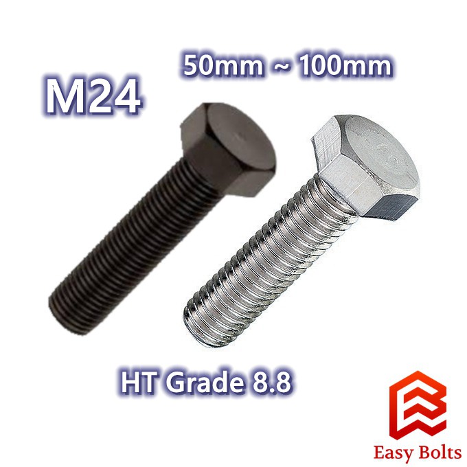 HT 8.8 Hex Bolt - M24 x 50mm ~ 100mm (Coarse Thread Pitch 3.0mm) (High Tensile Grade 8.8 Hexagon ...