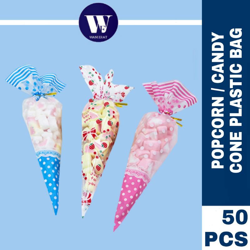 [50PCS] POPCORN CANDY CONE PLASTIC BAGS | TRIANGLE SNACK FOOD POPCORN ...