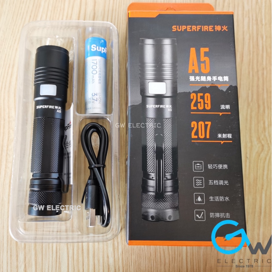 [Full Set] SUPERFIRE A5 3W LED USB Rechargeable Waterproof Flashlight ...