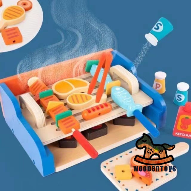 Wooden Barbecue Grill Toy Imitation Roleplay Kitchen Cooking Playset ...