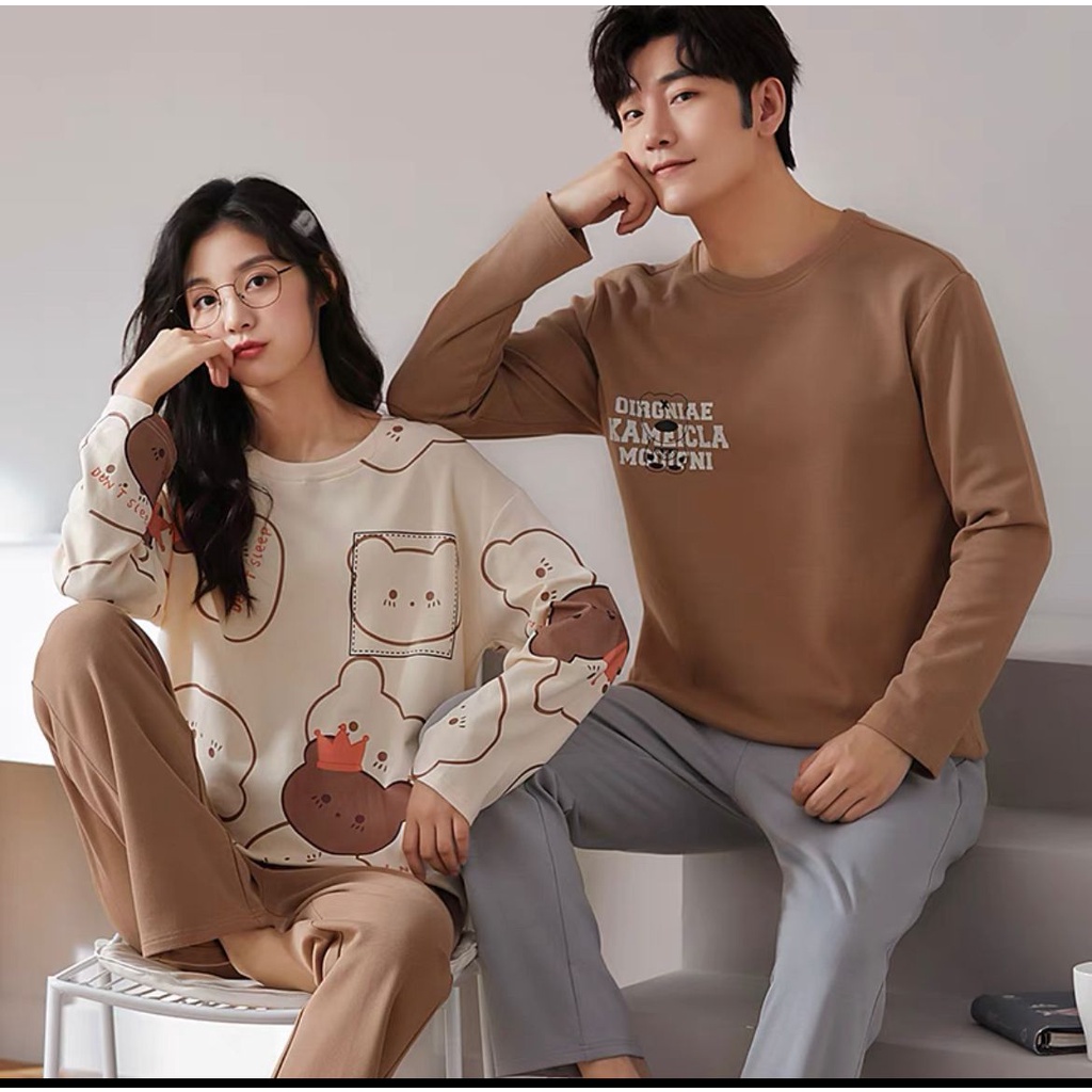 100% Cotton Long Sleeve Women Men Pyjamas Baju Tidur Sleepwear Couple ...