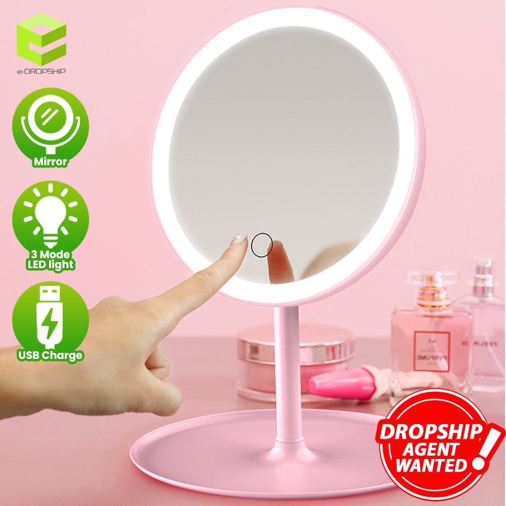 LED Cermin Muka Makeup Cosmetic Beauty Round Mirror Glass 3 Mode White ...