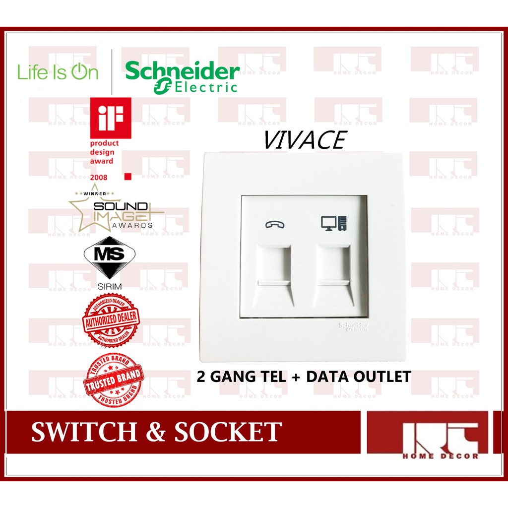 SCHNEIDER VIVACE SERIES 2 GANG TELEPHONE (RJ11) + DATA (RJ45) OUTLET ...