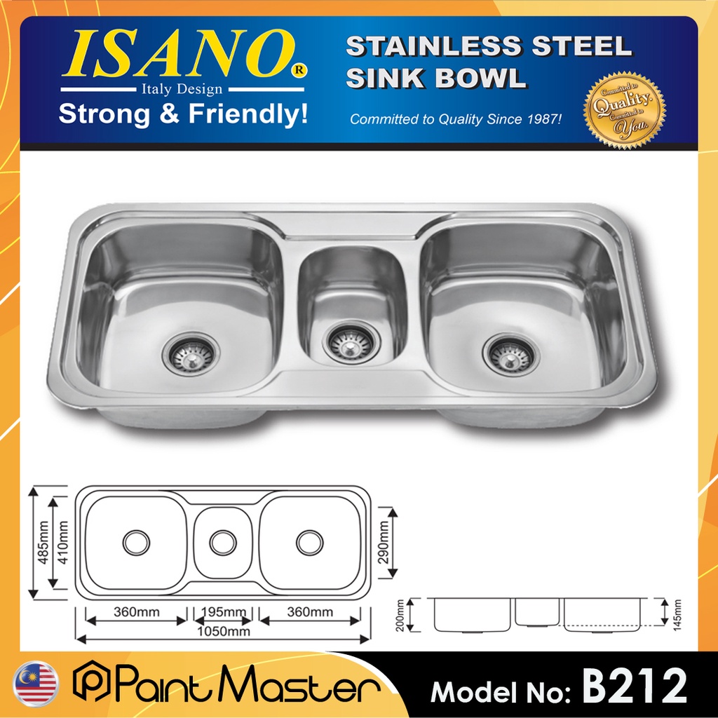 ISANO B212 Bowl Sink Stainless Steel / Sinki Kembar waste kitchen cuci ...