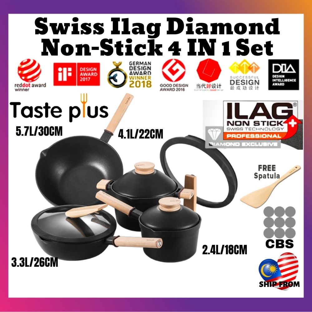 CBS Taste Plus MOTOKI Swiss ILAG Diamond Non-stick Combo 4in1 Set Wok+Grill Pan+Soup Pot+Milk ...