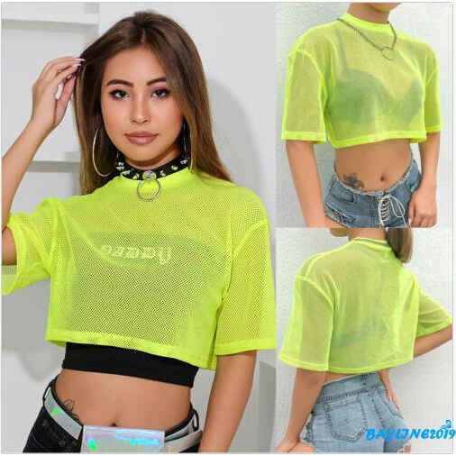 US Women Mesh Sheer Short Sleeve Crop Tops Blouse Casual See-through ...