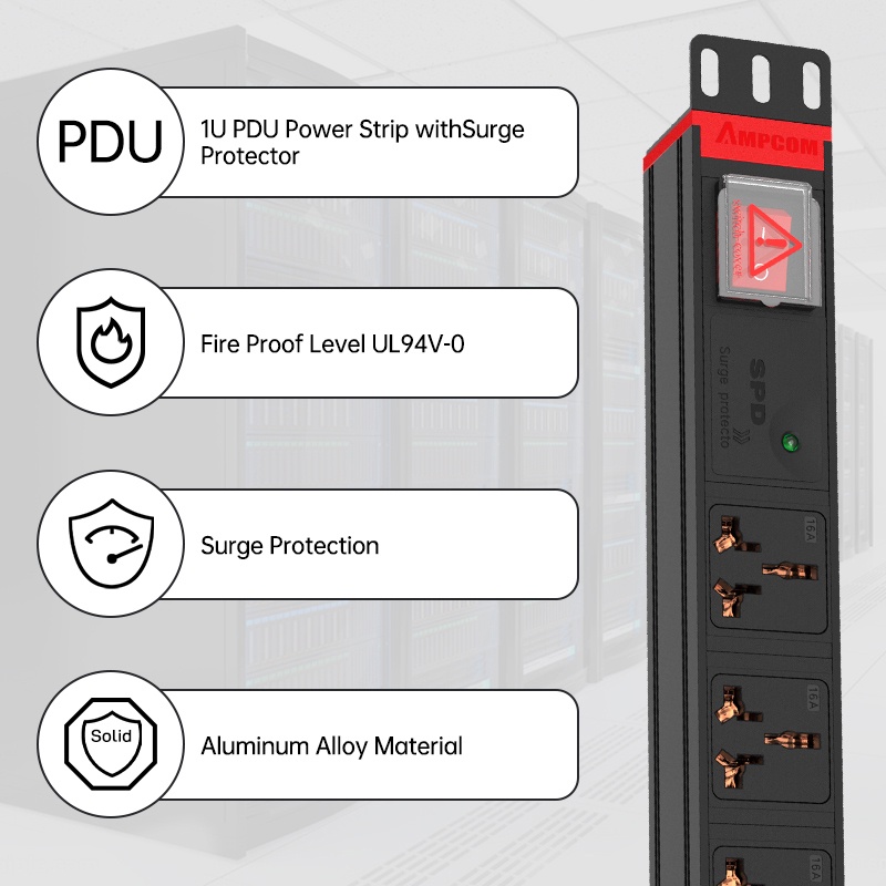 AMPCOM 19in Universal PDU 8 Outlets with Master Switch Lightning ...