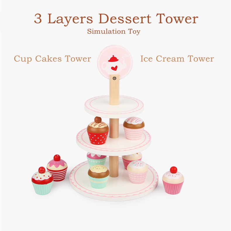 Wooden Strawberry 3 Layer Ice Cream Cup Cakes Pretend Play Dessert ...