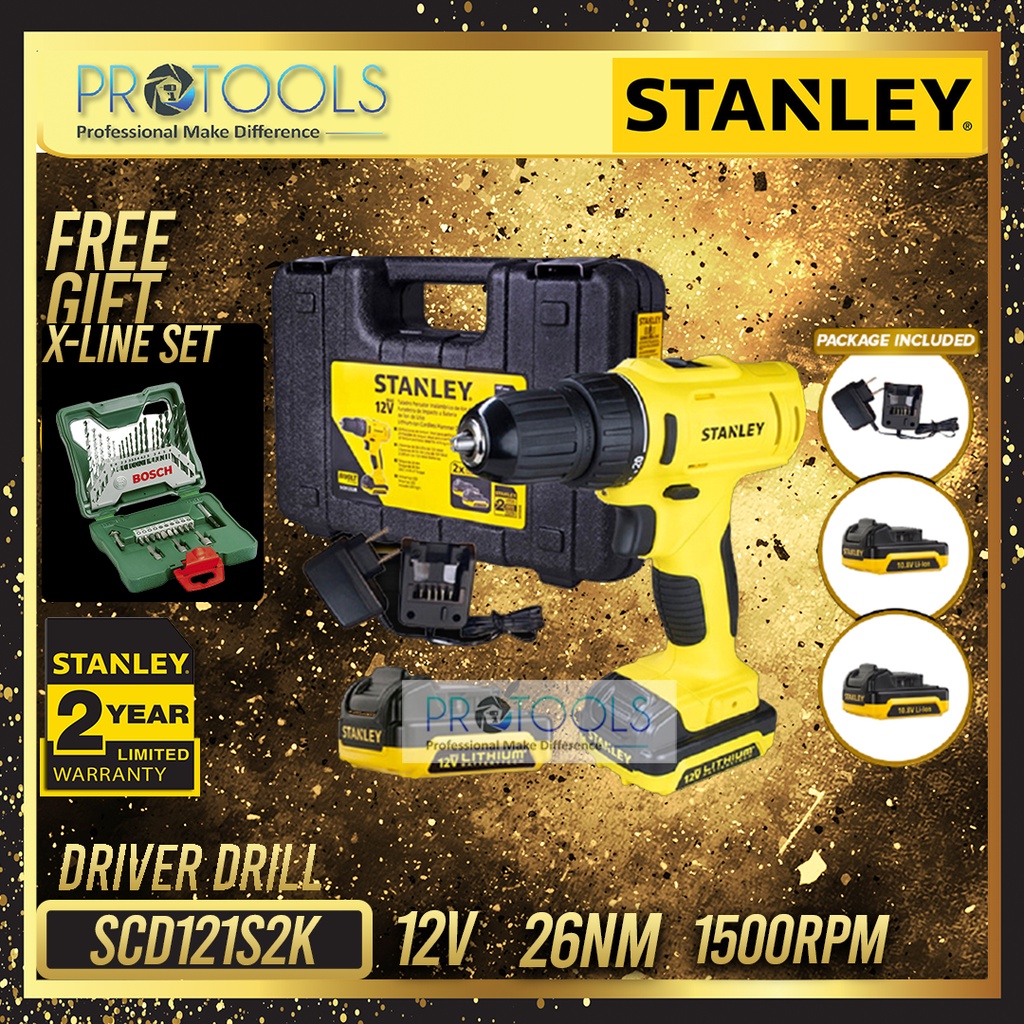 STANLEY 12V Cordless Drill With 2 Batteries & 1 Charger SCD121S2K-B1 ...