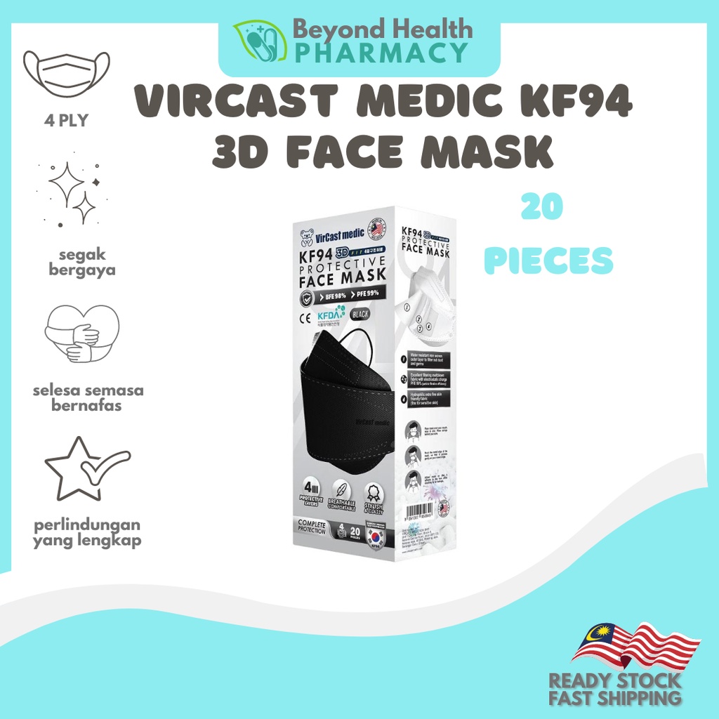 VIRCAST MEDIC KF94 3D PROTECTIVE FACE MASK BLACK (20 PIECES) | Shopee ...