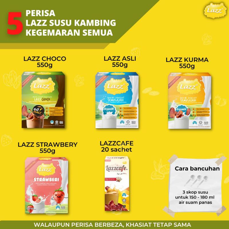 SUSU KAMBING LAZZ (ASLI, COKLAT, STRAWBERI, KURMA, CAFE) | Shopee Malaysia