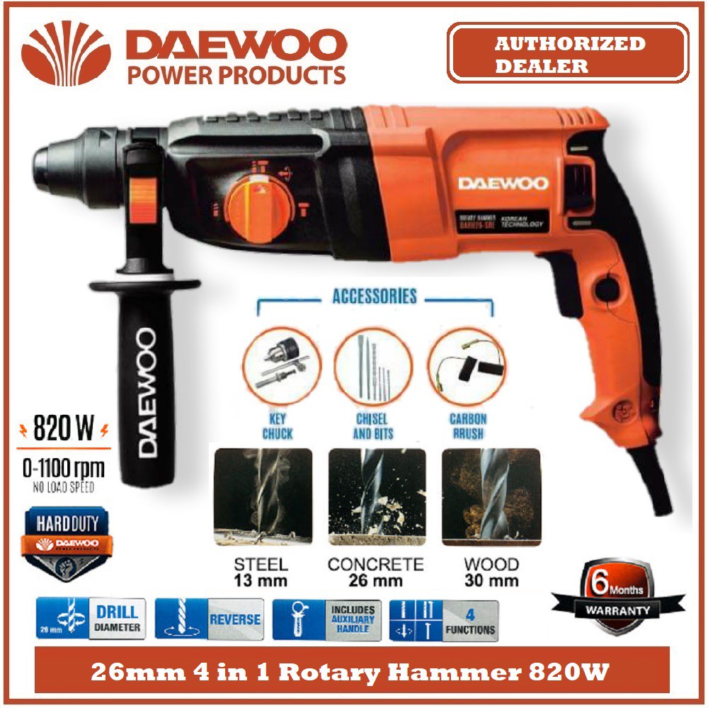 Daewoo 4in1 26mm Rotary Hammer 820W DARH-26 with Chuck Head, Drill Bit ...