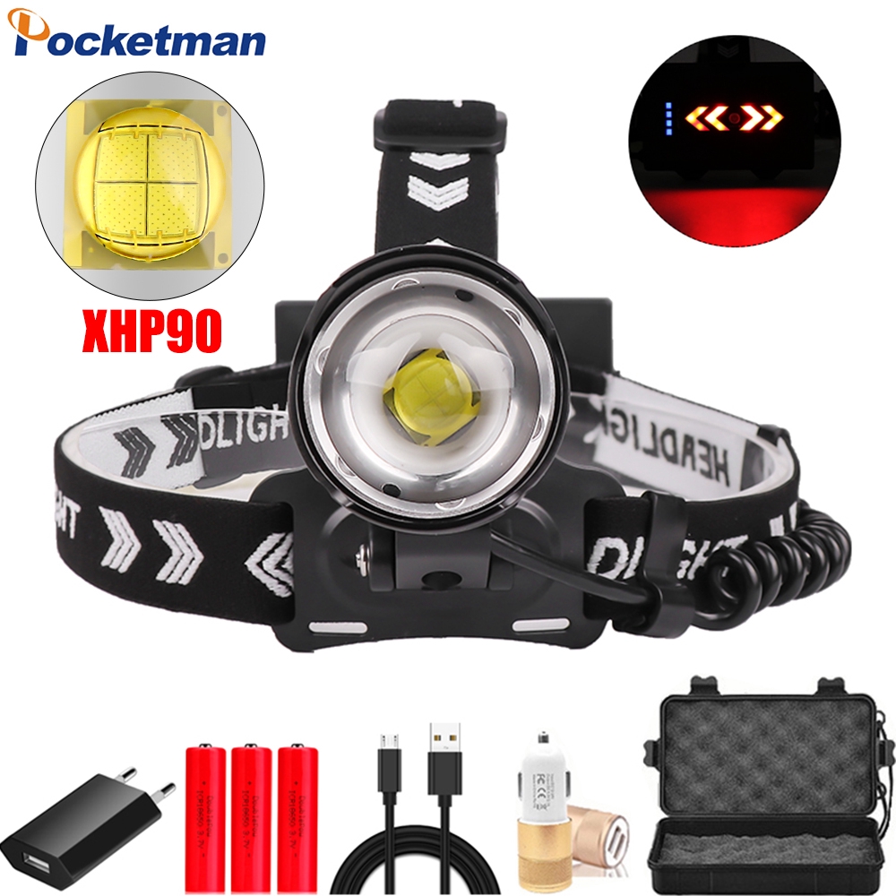 900000LM Super Powerful XHP90 LED Headlamp USB Rechargeable Headlight with Warning Red Light ...