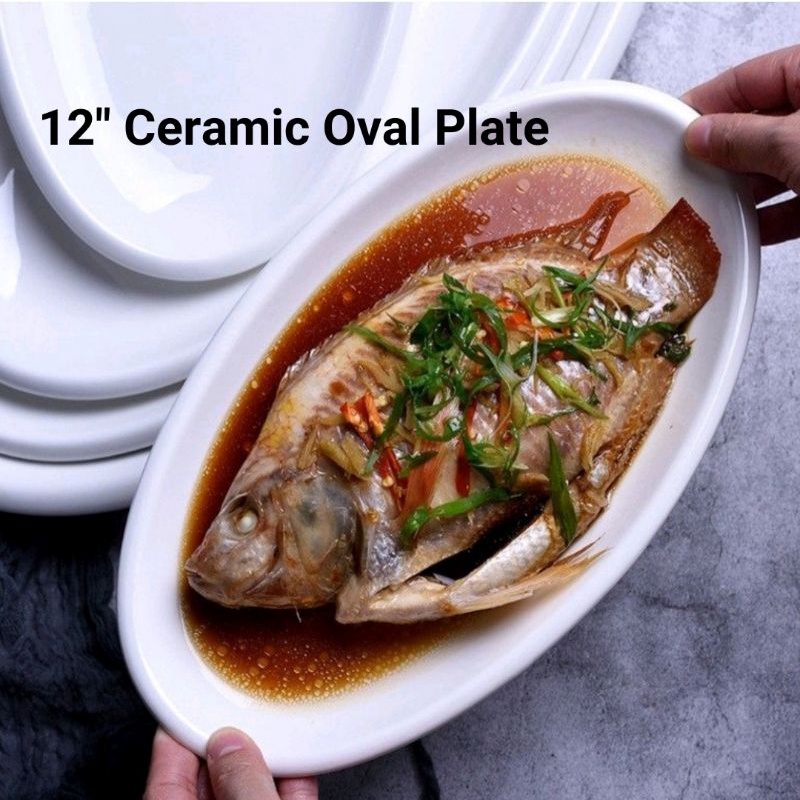 Oval Plate Deep Steam Fish Ceramic 12''/14''/16" Pinggan Bujur Viral ...