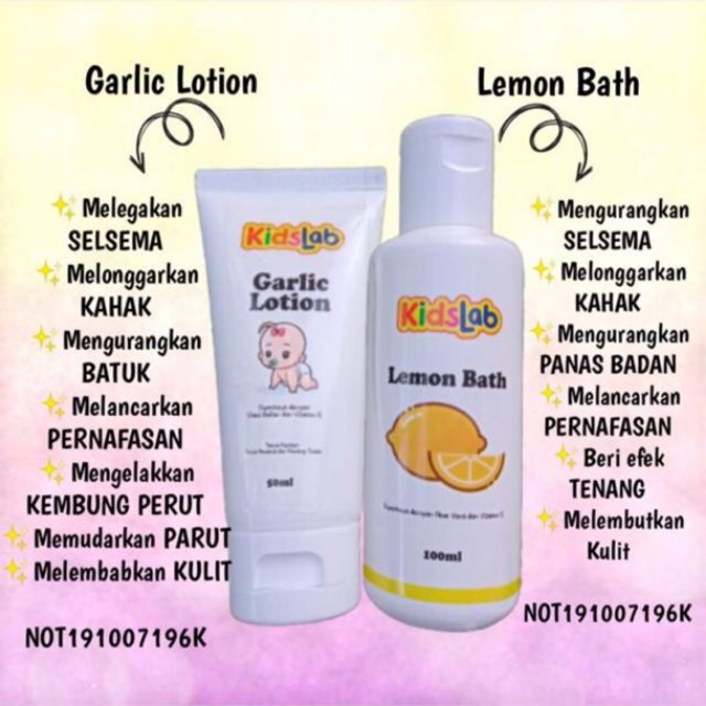 🔥 READY STOCK 🔥 GARLIC LOTION Dan LEMON BATH by KidsLab 🔥 untuk selsema ...