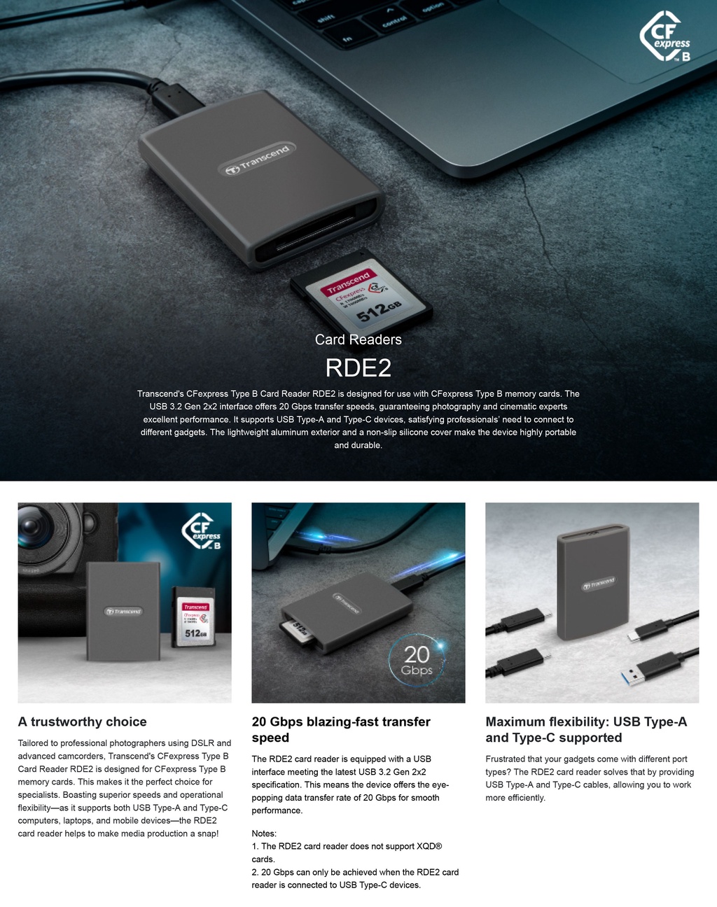 Transcend RDE2 Card Reader CFexpress Type B USB 3.2 2x2 Type C (Black ...