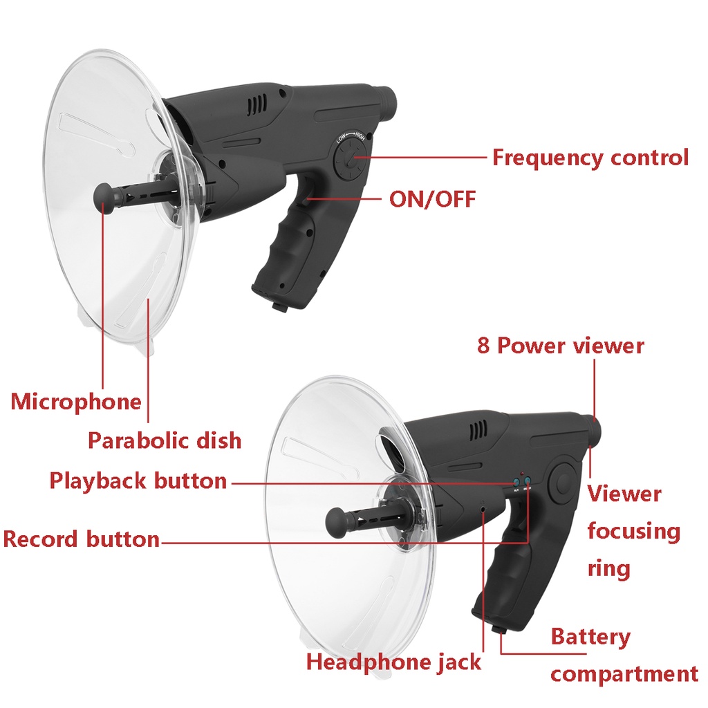 9V 8X 100M Focusing Telescope Parabolic Dish Directional Microphone ...