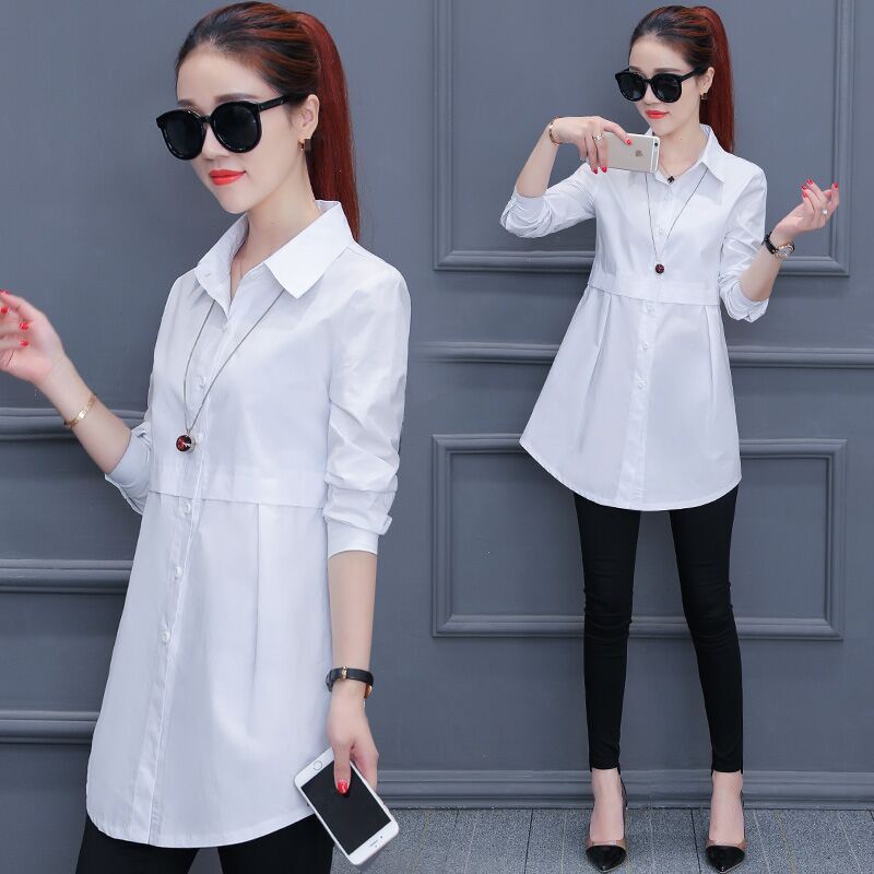 blouse women white shirt Long Sleeve Solid Long Blouse casual top baju ...