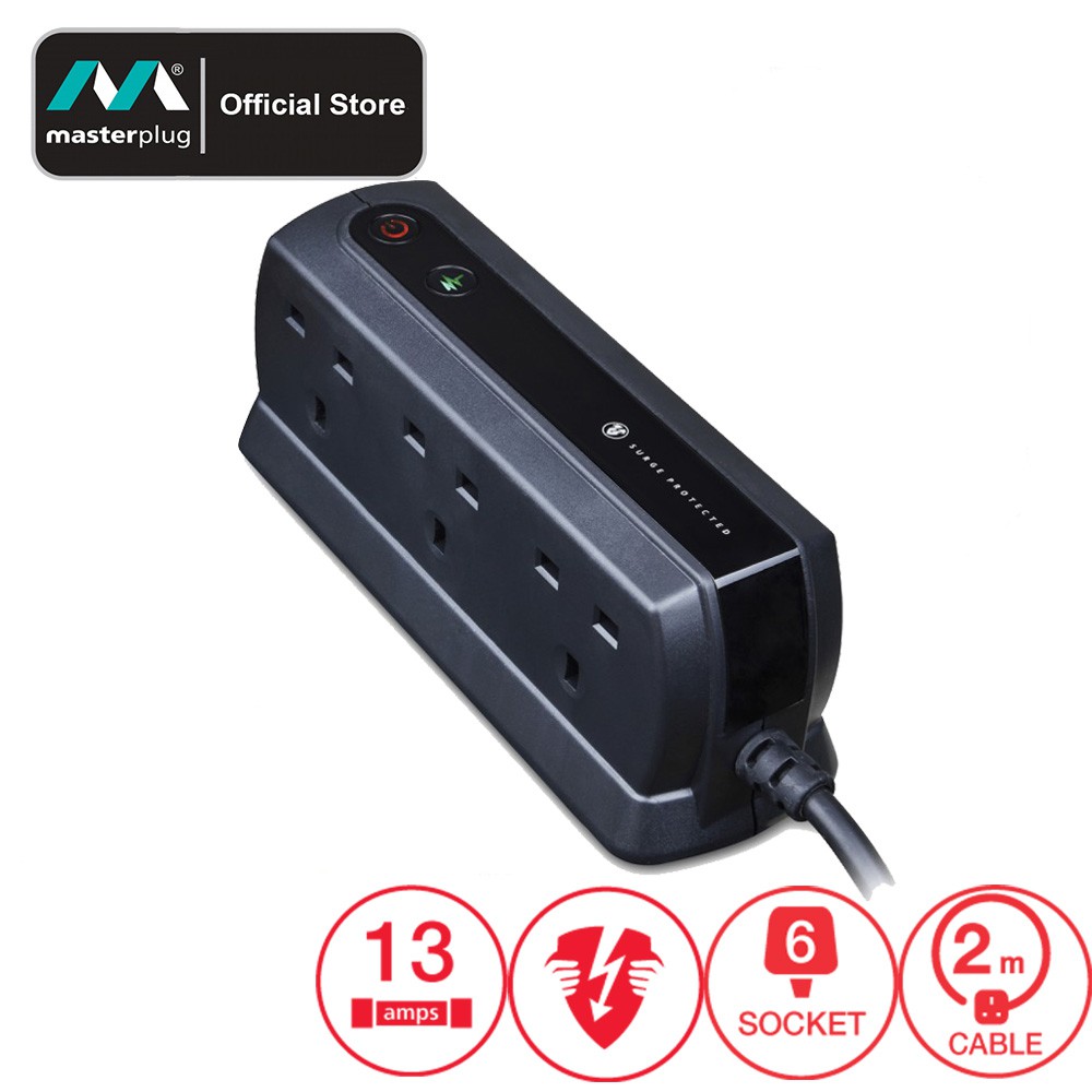 Masterplug Surge Protector 6 Gang 2 Meter Extension Leads Matte Compact ...