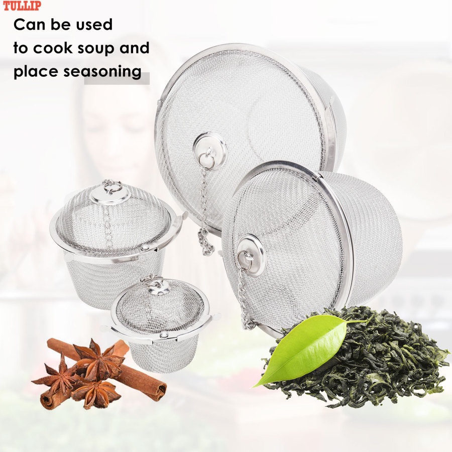 【TU】4 Sizes Spice Seasoning Bag Tea Strainer Chained Lid Stainless ...