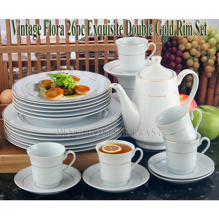 26pc Vintage Flora Double Gold Rim Dinner 6 PAX Set Makan SE26067 ...