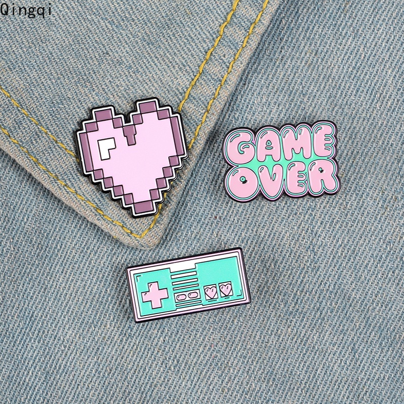 Pink Game Element Pins Pixel Heart GAME OVER Brooches Badges Enamel Backpack Cartoon Pins for ...
