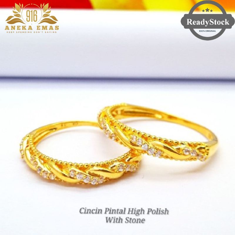 Cincin Pintal With Stone HIGH POLISH | Emas 916 💯 Tulen | Shopee Malaysia
