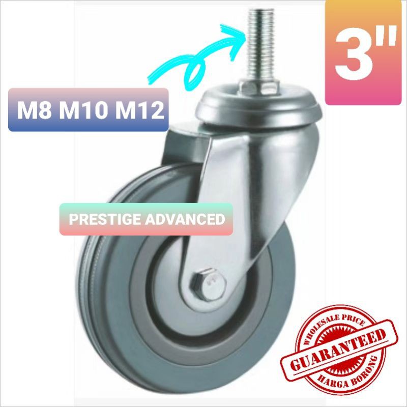 3" (75mm) Light duty Grey Rubber Swivel Brake Trolley Caster Wheel M6 ...