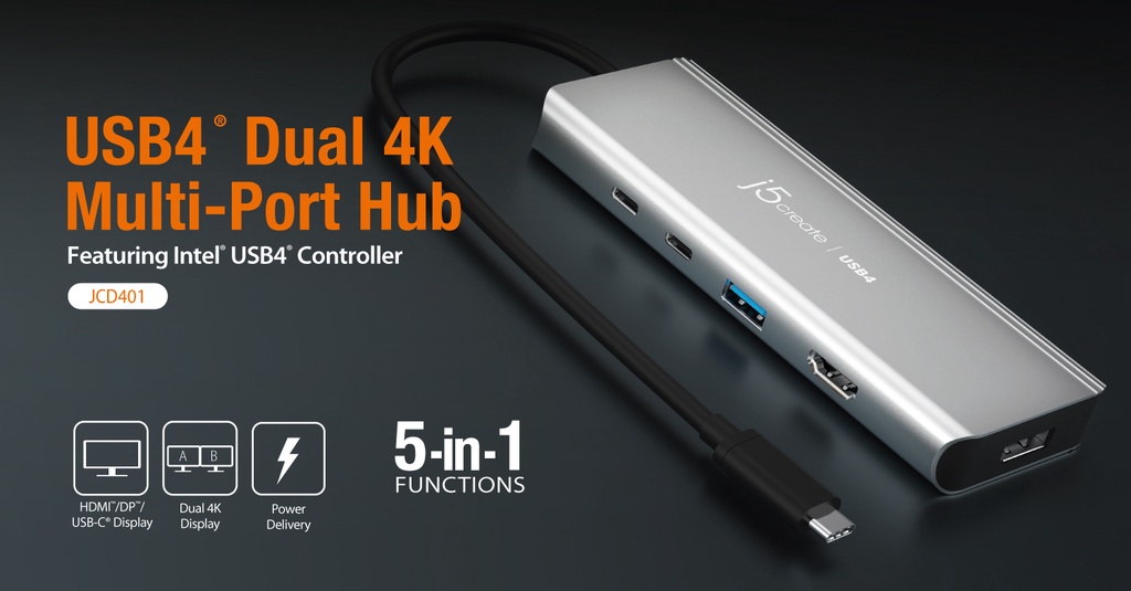 j5create JCD401 5-in-1 USB 4 Hub, Dual 4K60 display USB-C Hub, USB C ... j5create JCD401 5-in-1 USB 4 Hub, Dual 4K60 display USB-C Hub, USB C ...