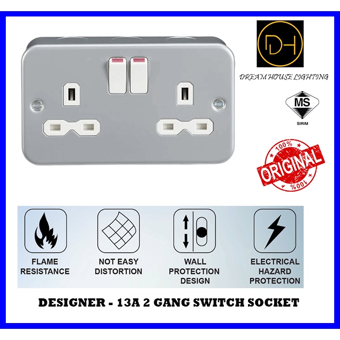 [SIRIM] 13A 2 Gang Switch Socket Outlet 3 Pin UK Plug Metal Box ...
